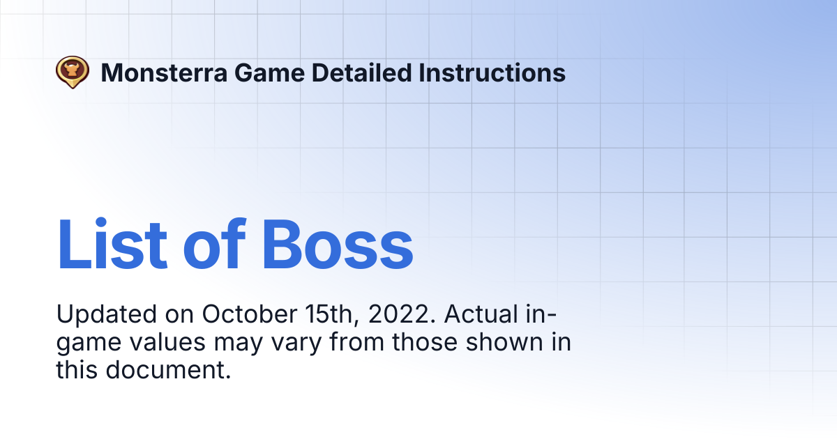 List of Boss | Monsterra Game Detailed Instructions